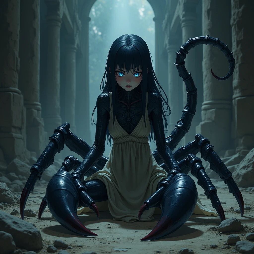 A young woman with almost black skin, black scorpion tail, big pincers ...