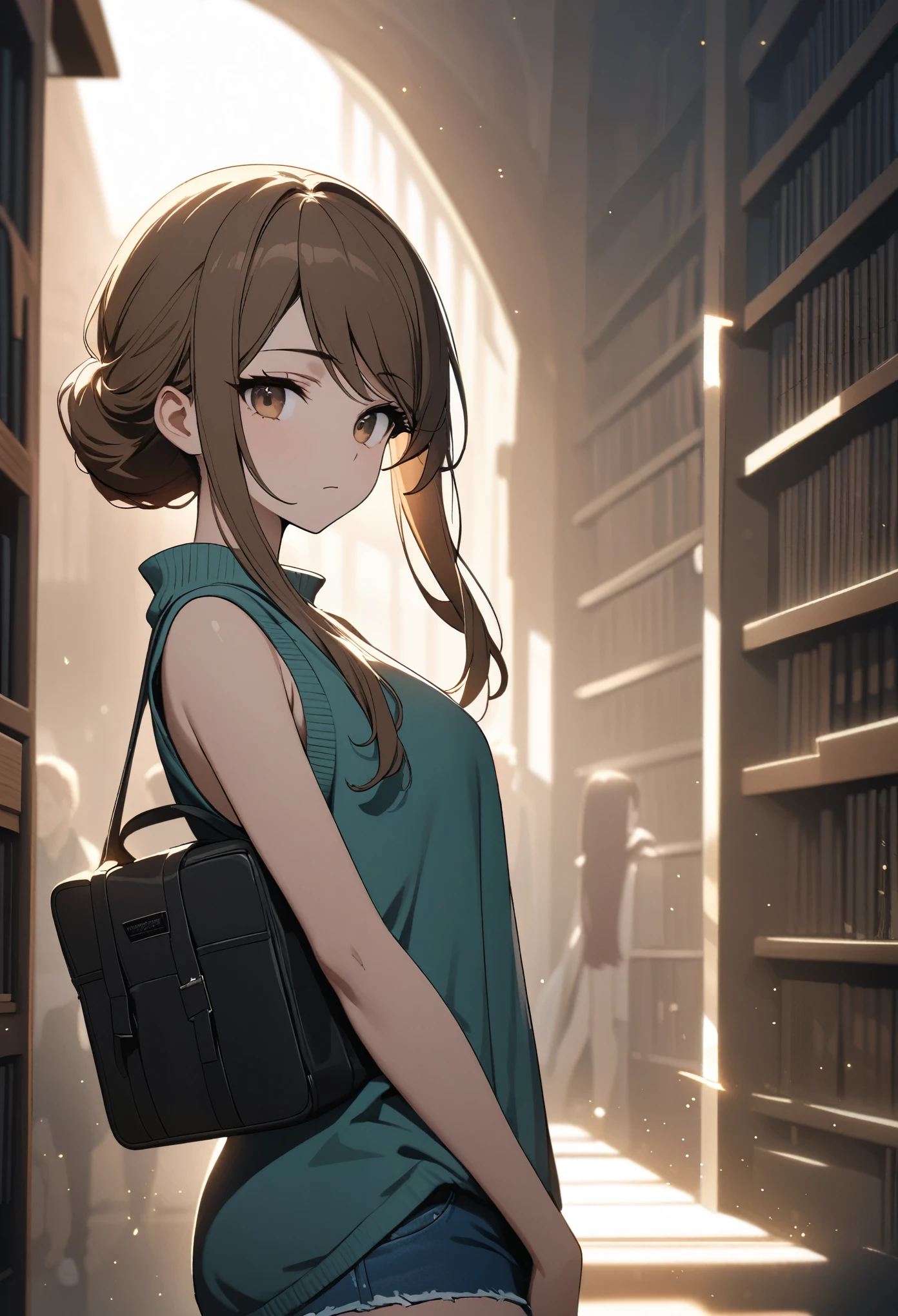 Anime girl in a library with a book case and a bag - SeaArt AI