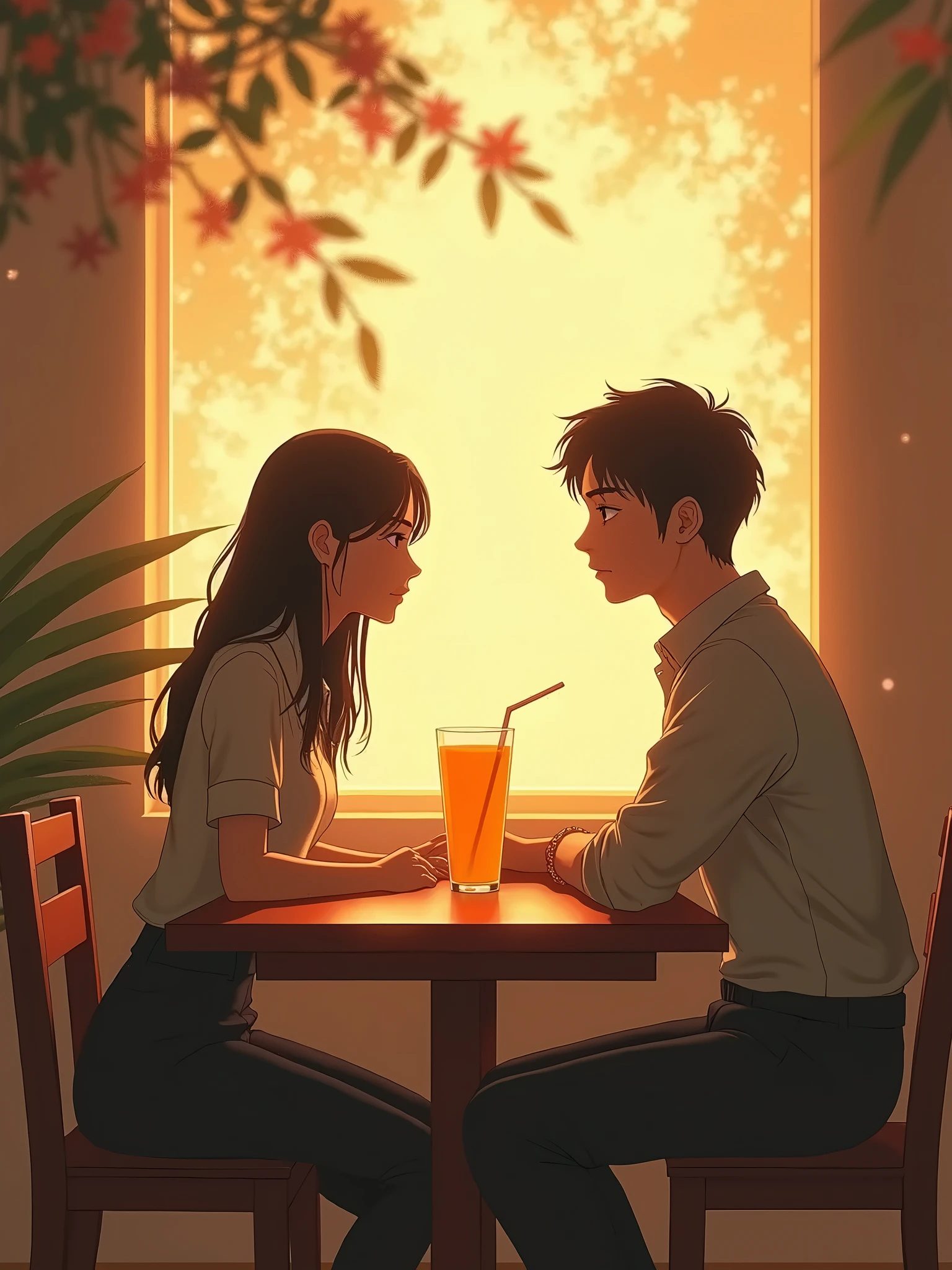 Anime couple sitting at a table with a drink and a plant - SeaArt AI