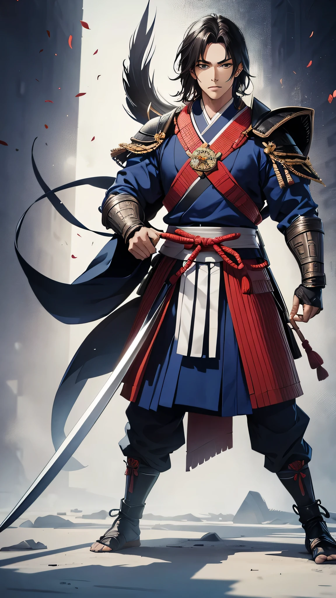 A man in a blue and red outfit holding a sword - SeaArt AI