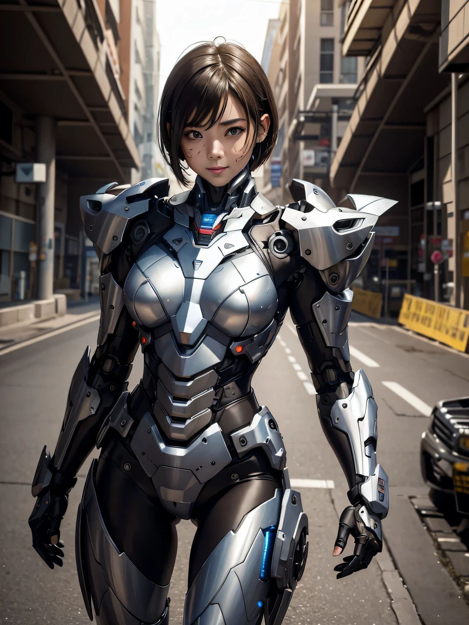 A close up of a woman in a futuristic suit walking down a street ...