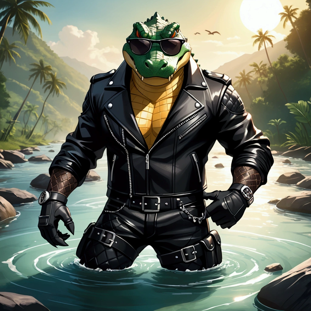 Closeup, cartoon atmosphere of an extremely badass crocodile wearing an ...