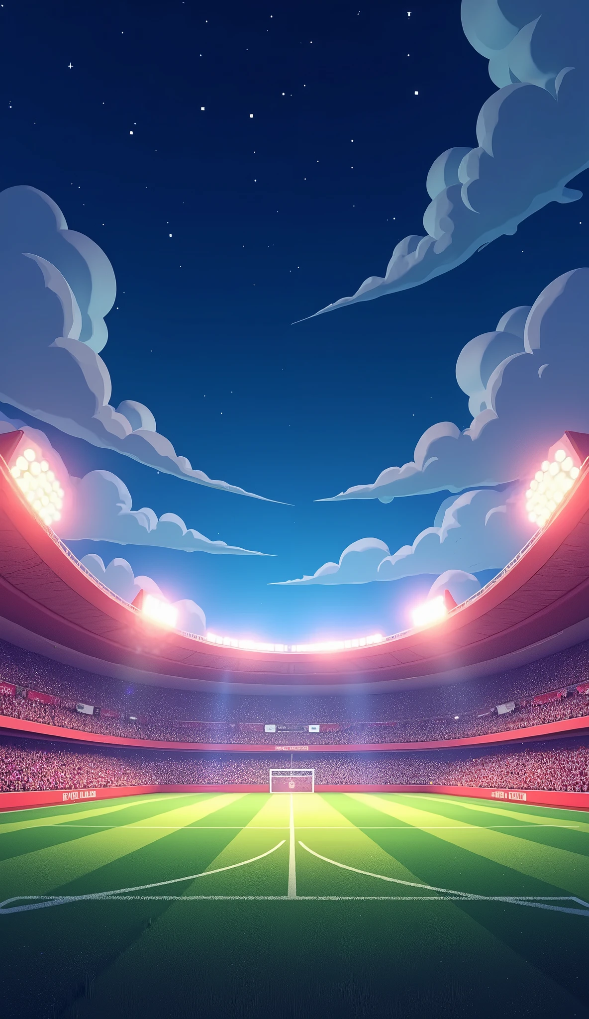 A cartoon soccer stadium with a soccer field and a sky background ...