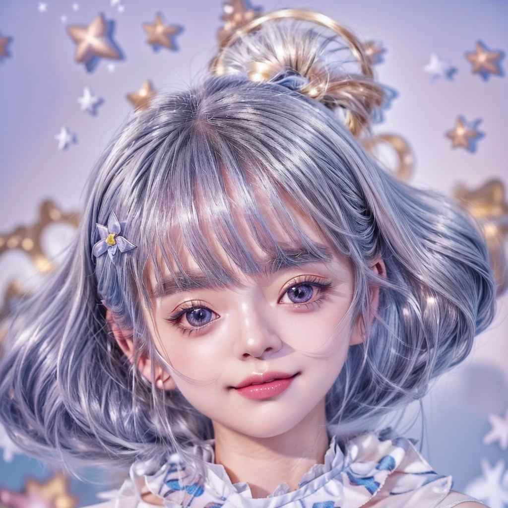 There is a girl with a silver hair and a tiable, kawaii realistic ...
