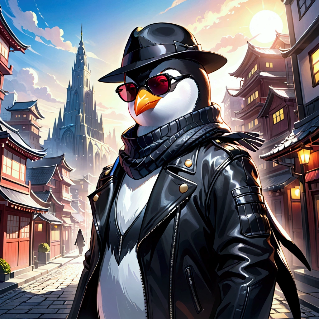 Japanese manga anime style, an extremely badass penguin wearing an ...