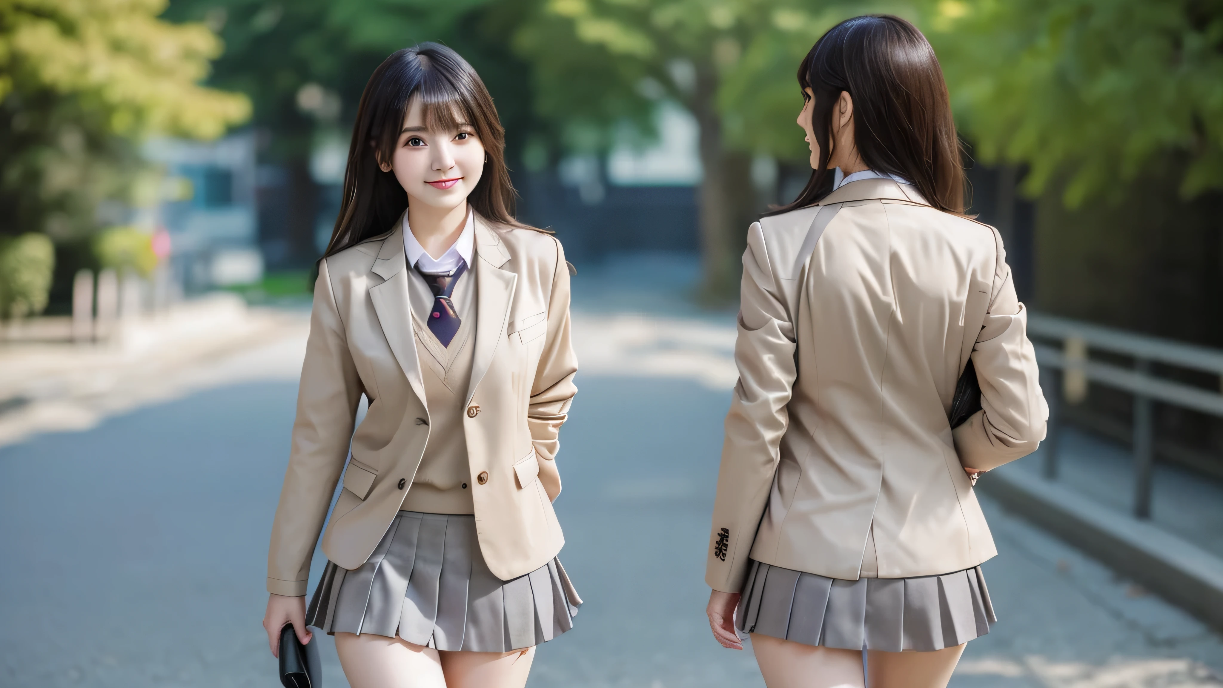 Two asian women in school uniforms walking down a street - SeaArt AI