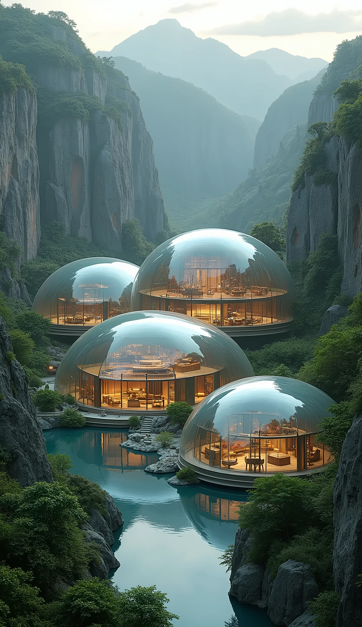 There are many glass domes that are on the side of a mountain - SeaArt AI
