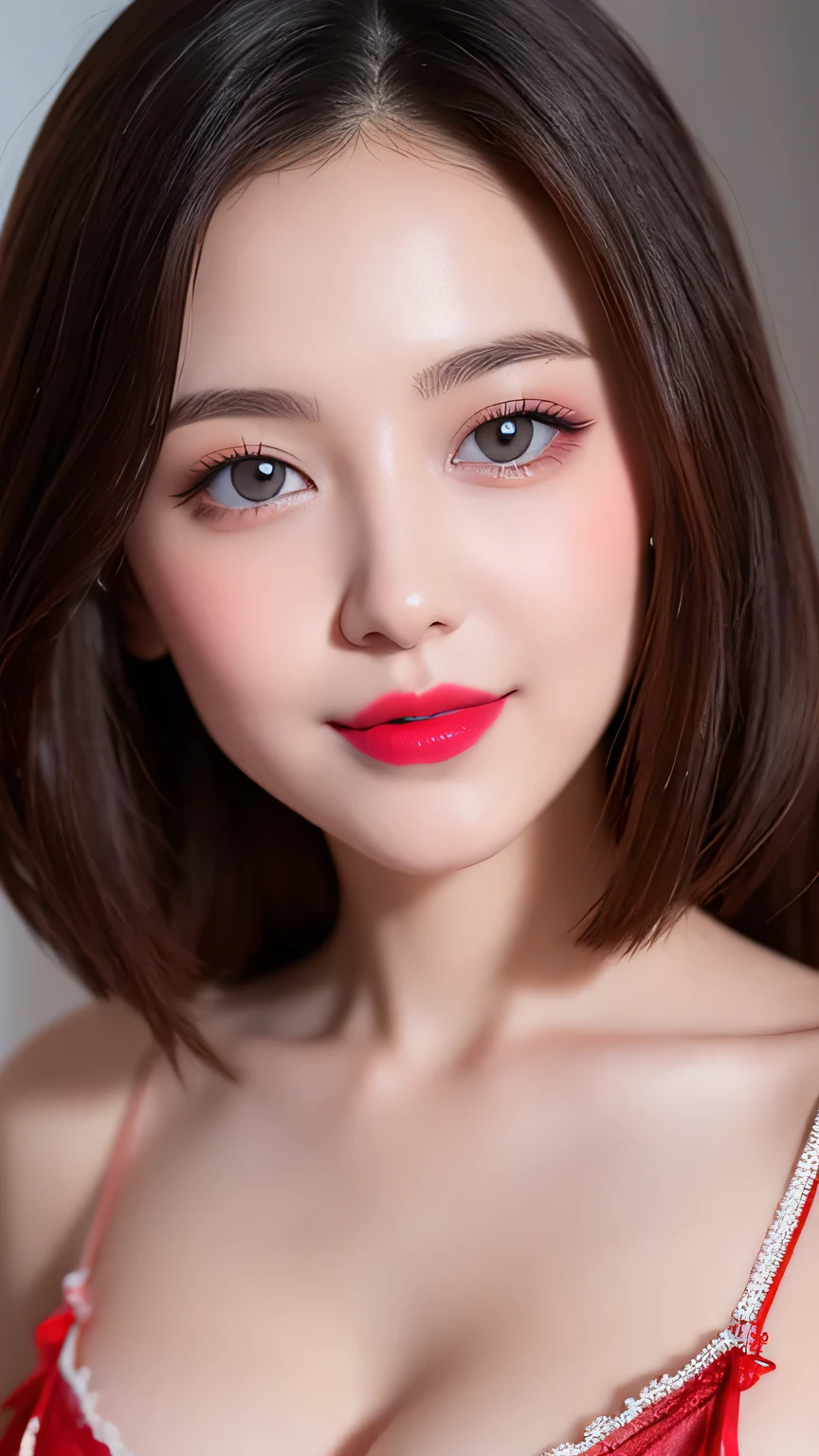 A close up of a woman with a red bra top and red lipstick - SeaArt AI