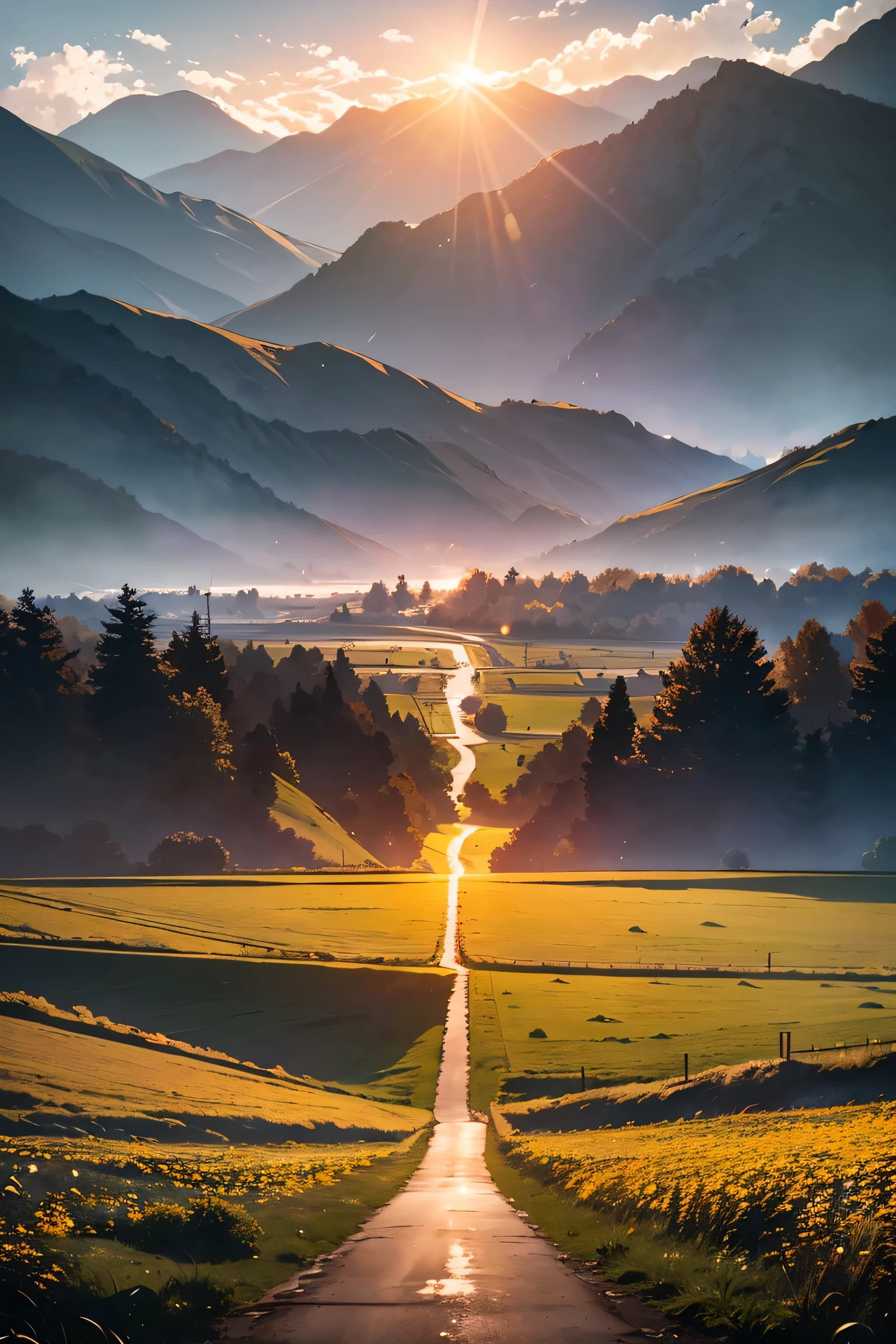 A view of a road leading to a mountain range with a sun setting - SeaArt AI