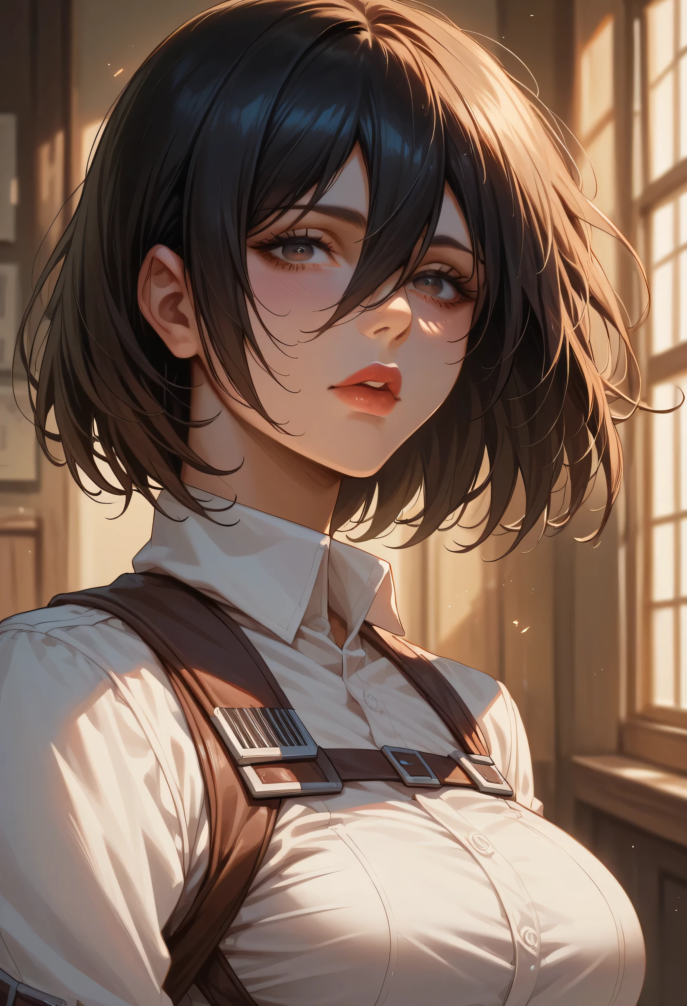 Anime girl with short hair and suspenders standing in front of a window ...