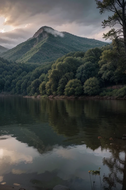A breathtakingly detailed illustration of a serene lake set against a ...