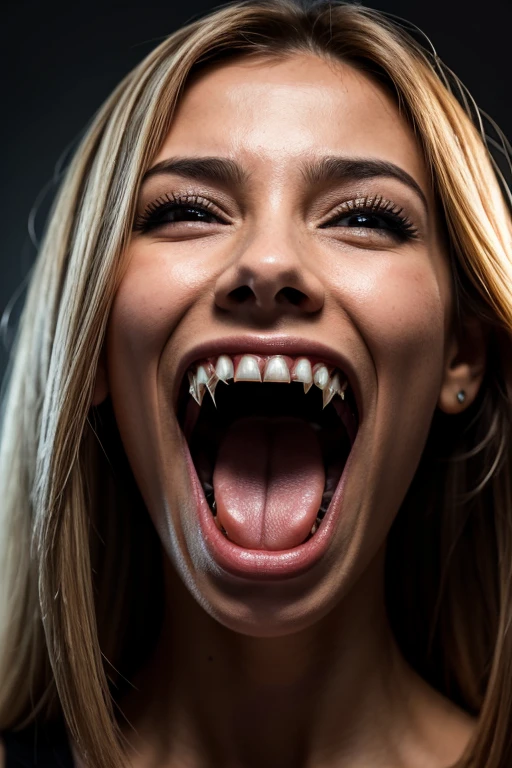 An horrific image of a female face with a widely open mouth, with sharp ...