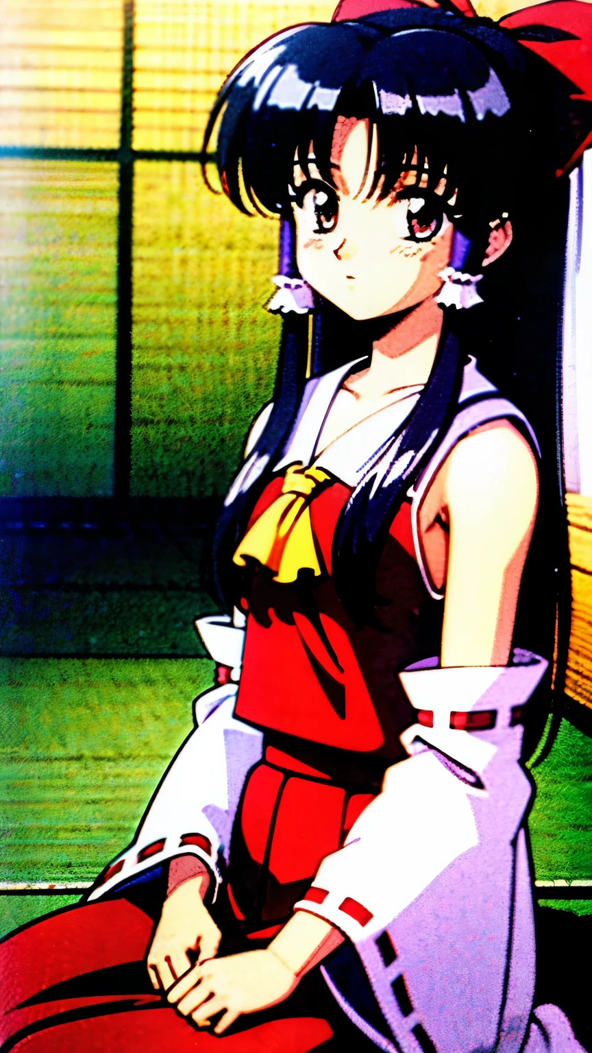 Anime girl sitting on a bench in a room with a window（hakurei reimu ...