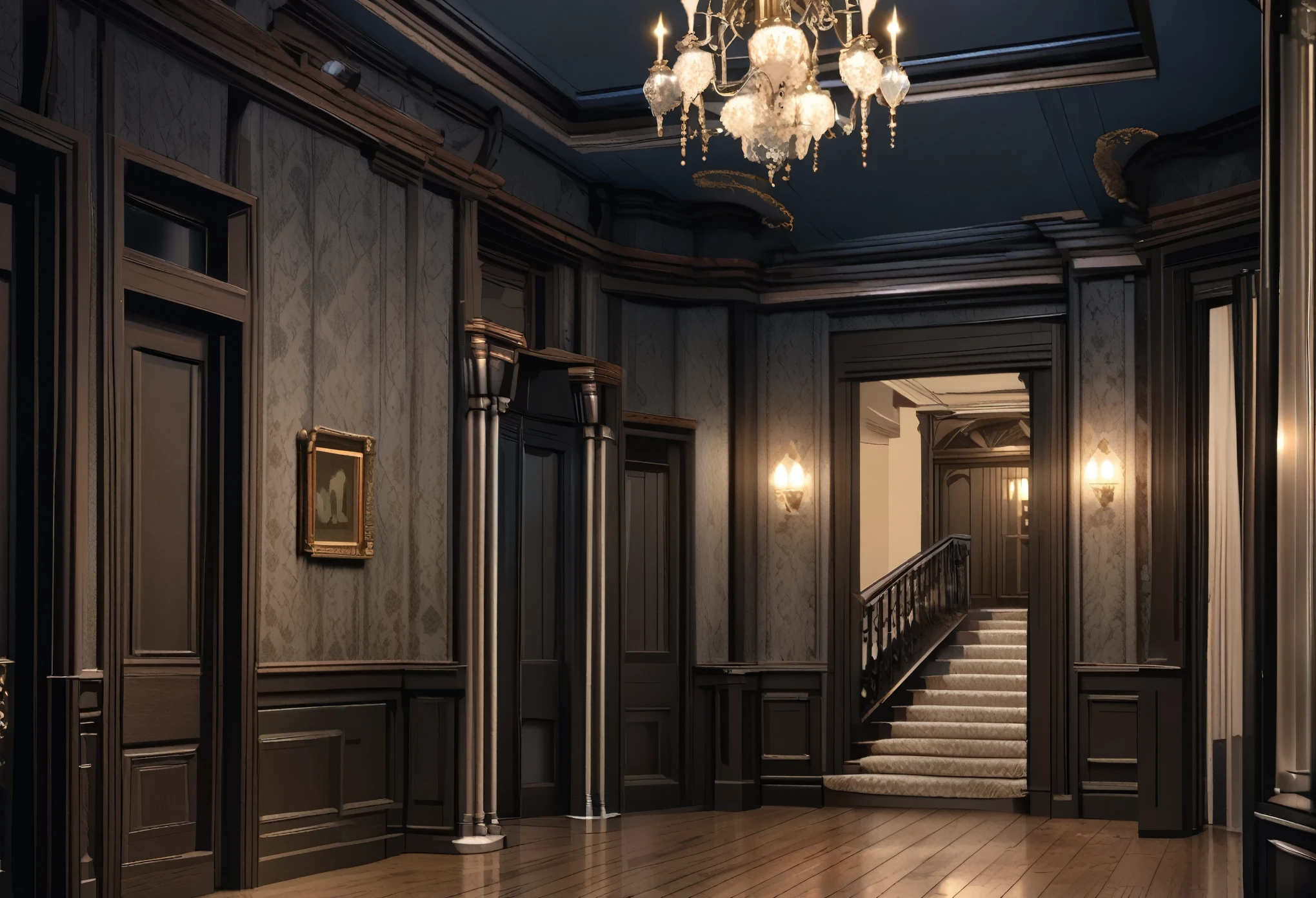 There is a large room with a chandelier and a piano - SeaArt AI