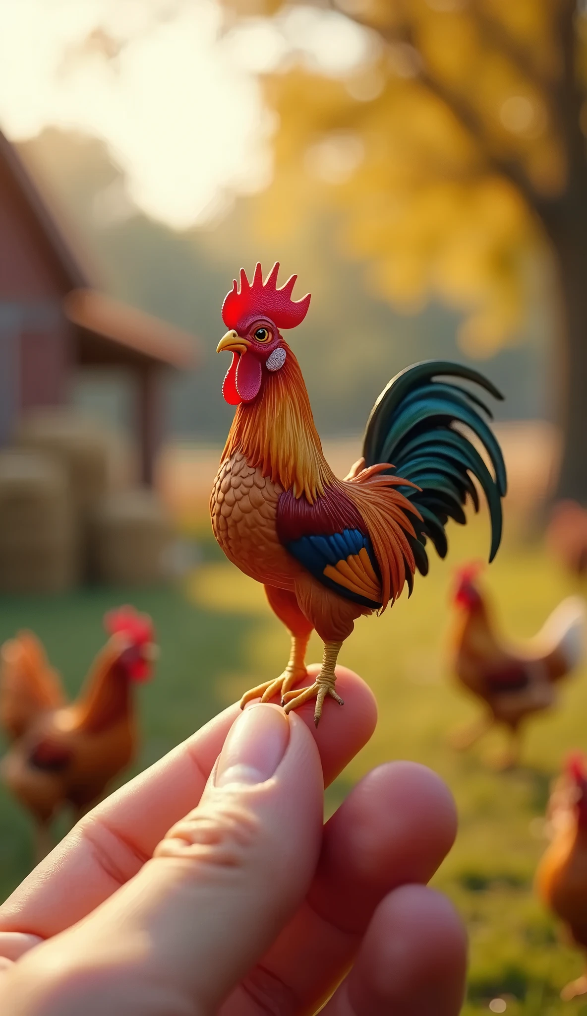 Someone is holding a toy rooster in their hand in a field - SeaArt AI