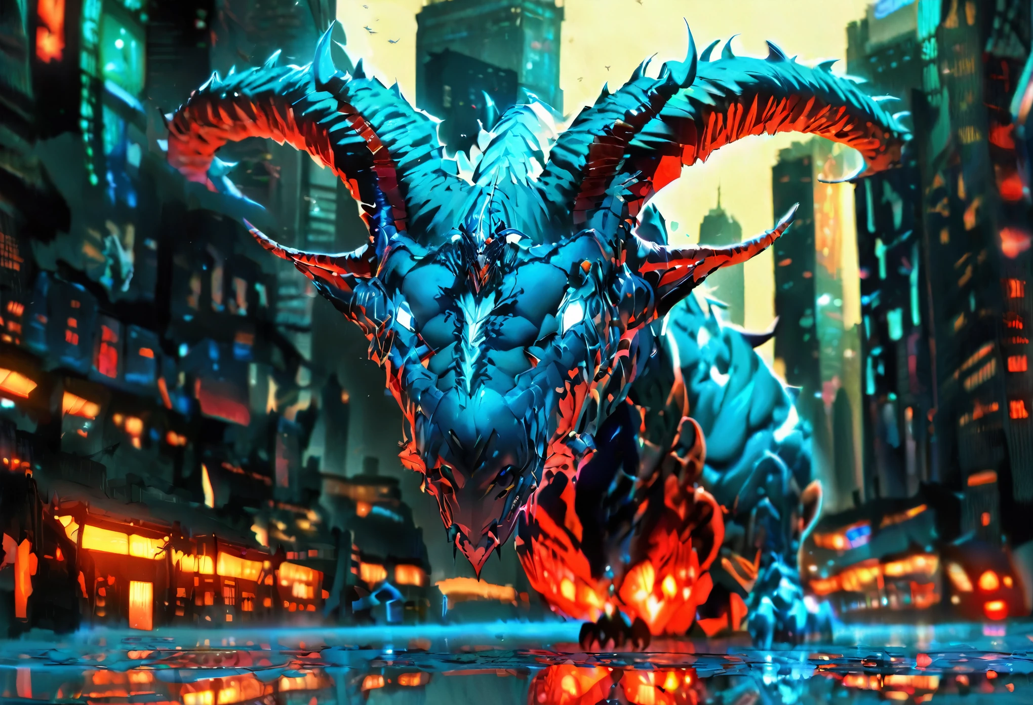 A close up of a goat in a city with a lot of lights - SeaArt AI