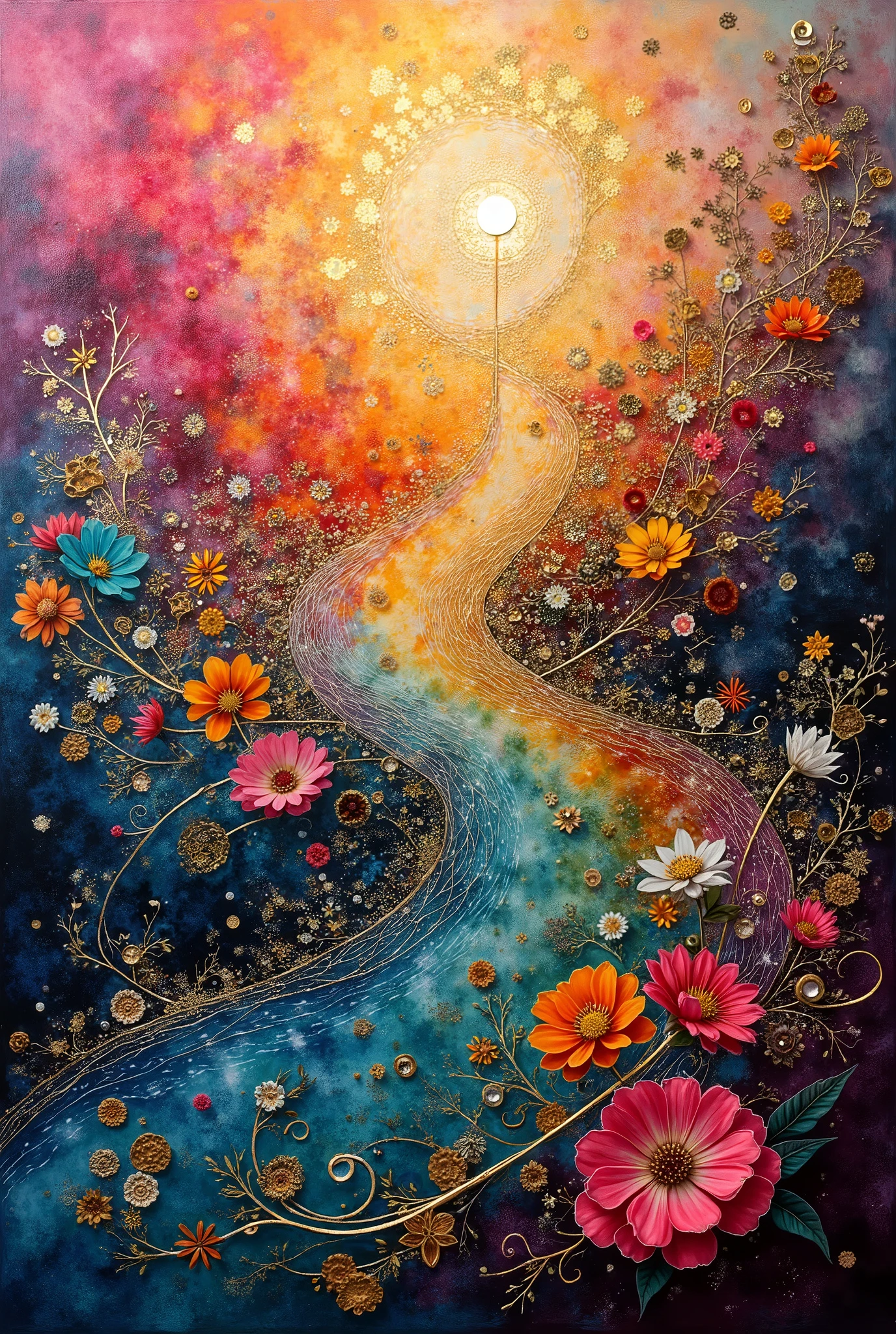 Painting of a painting of a river with flowers and a moon - SeaArt AI