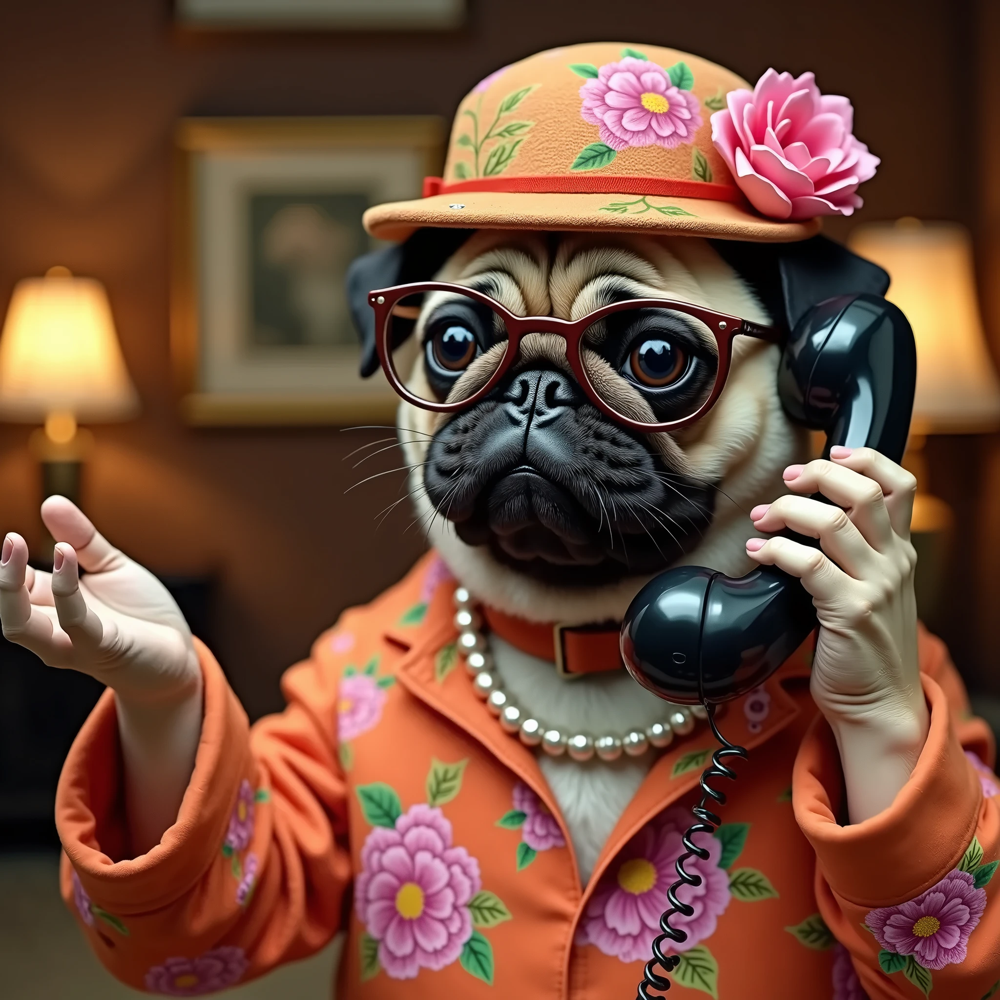 Araffe dressed in orange shirt and hat talking on a phone - SeaArt AI