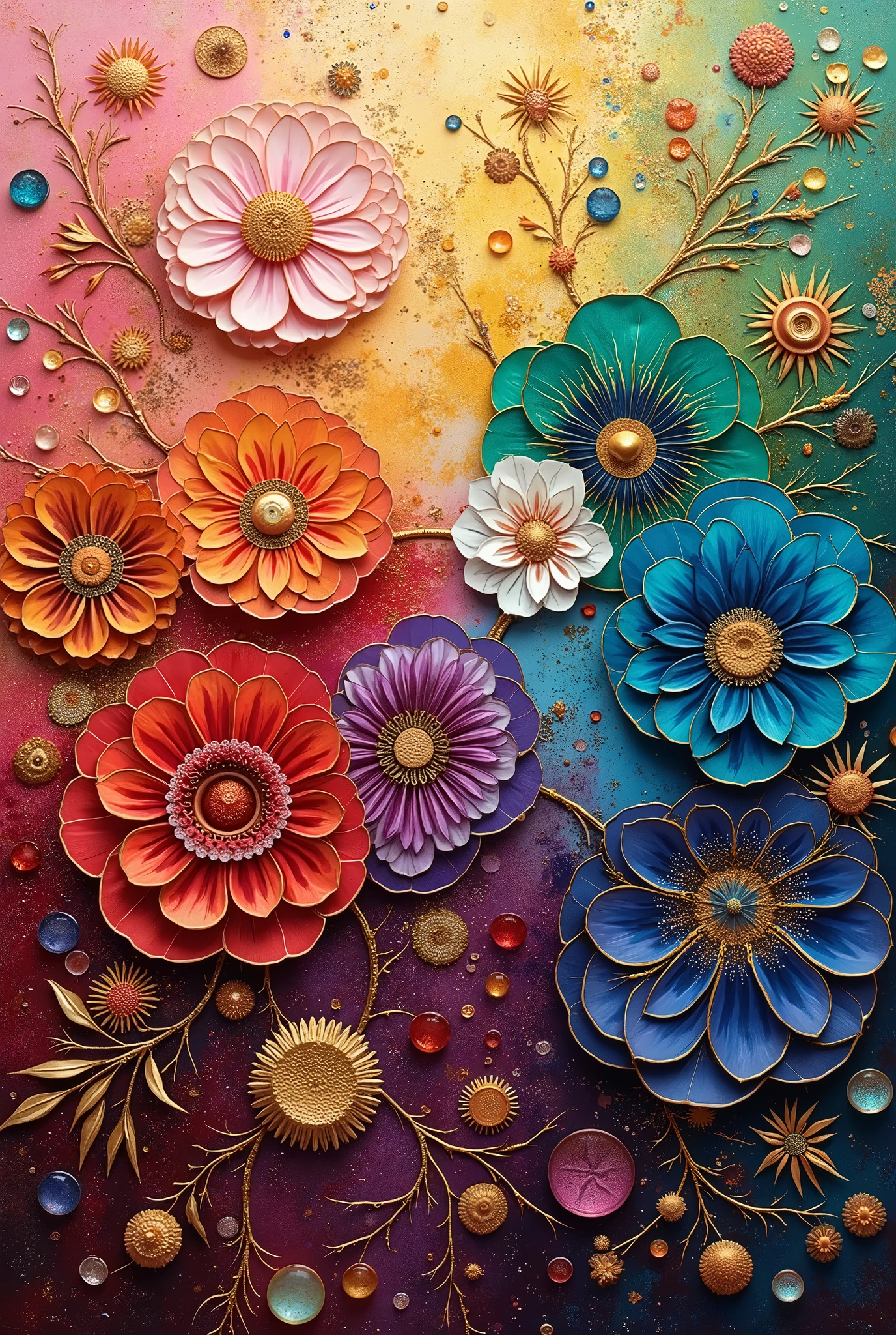 Brightly colored flowers are arranged on a colorful background with ...