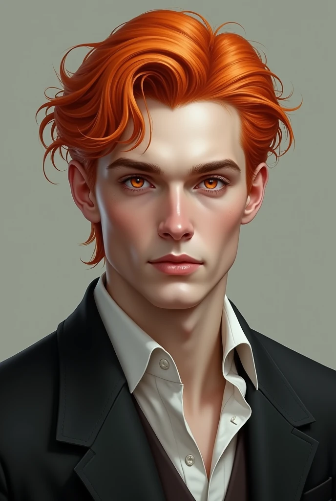Create a realistic man with orange hair, orange eyes, white skin and ...