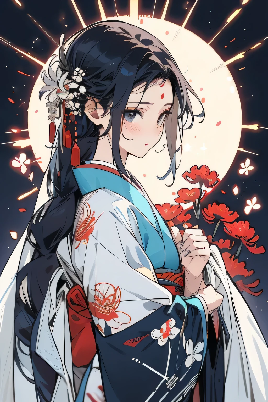 A woman in a kimono outfit holding a flower in front of a full moon ...