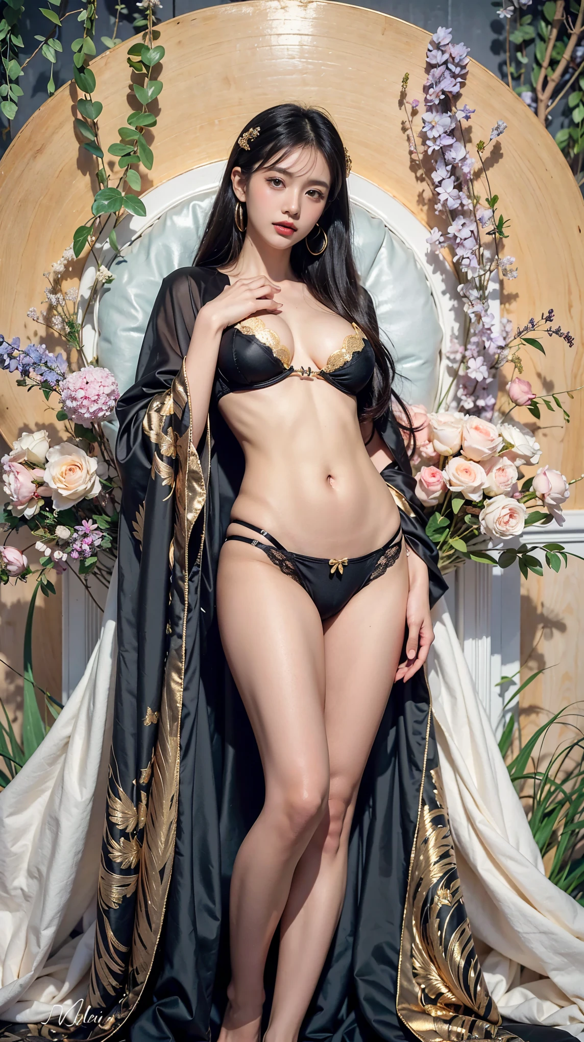 Arafed woman in a black and gold lingersuit posing in front of a bed - SeaArt AI