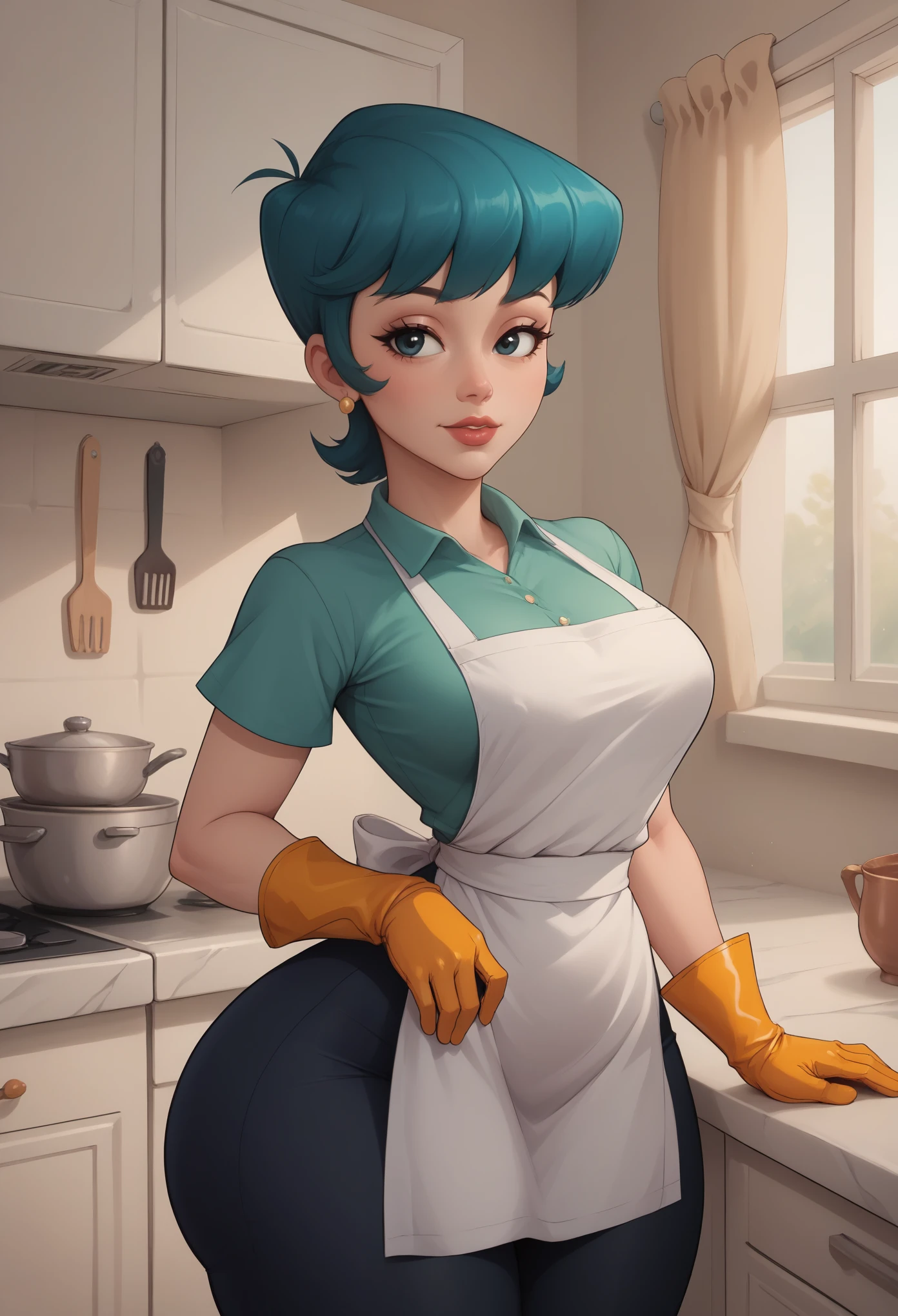A woman in a kitchen with a blue hair and apron（bulma) - SeaArt AI