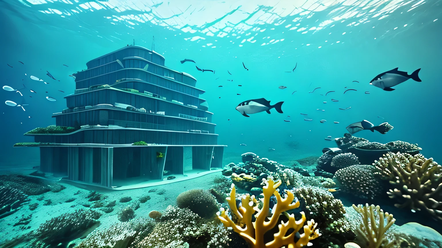 There is a building that is under the water with many fish - SeaArt AI