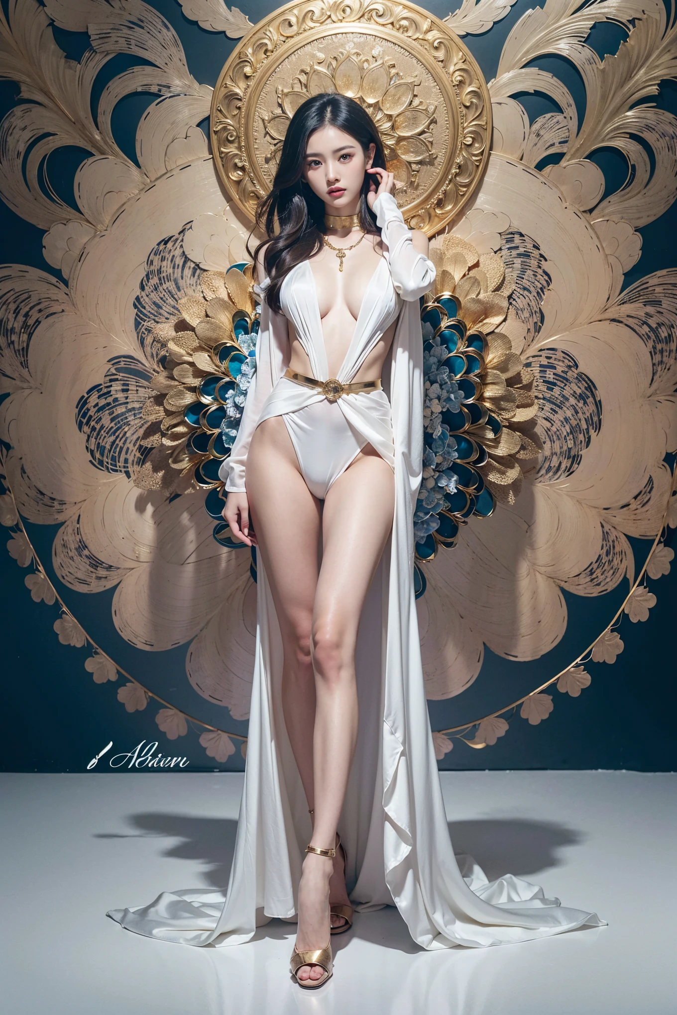 A woman in a white dress posing in front of a gold wall - SeaArt AI