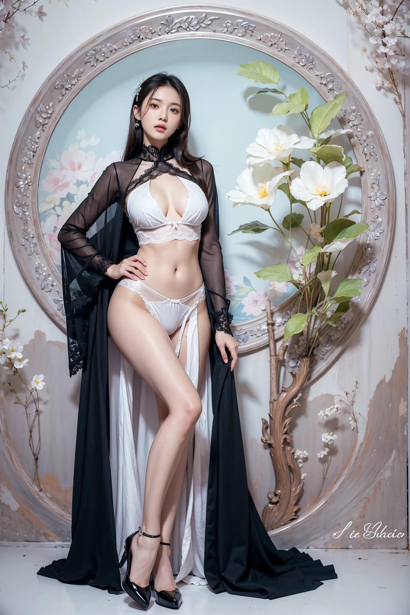 A woman in a white lingersuit and black cape posing for a picture - SeaArt AI