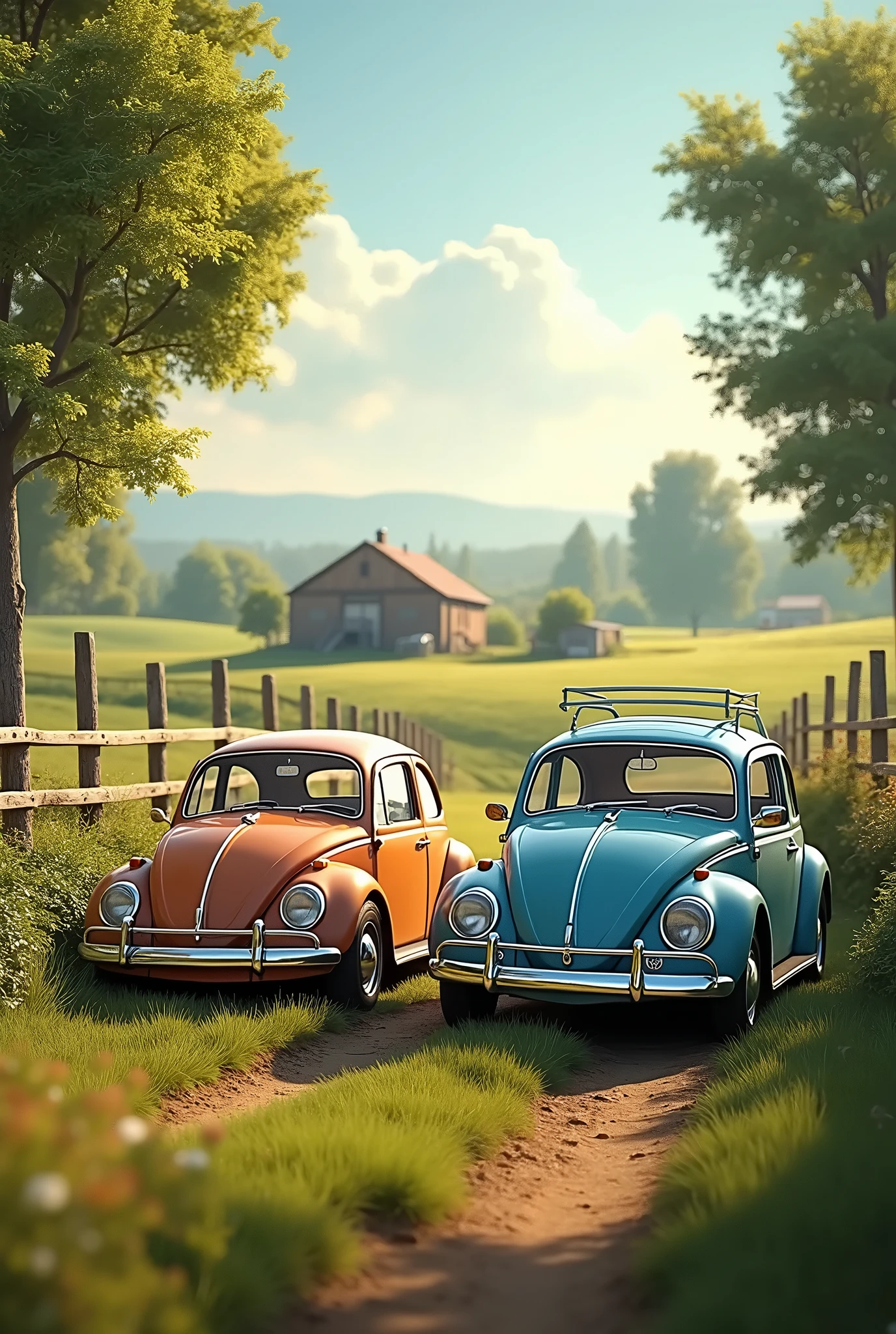 There are two cars parked next to each other on a dirt road - SeaArt AI