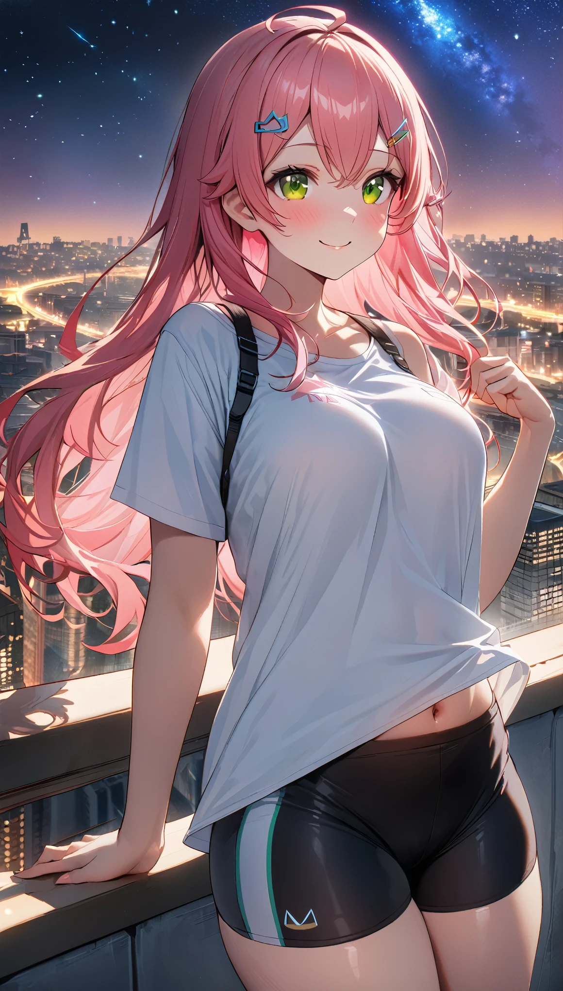 A woman with pink hair and green eyes standing on a ledge（sakura miko) - SeaArt AI