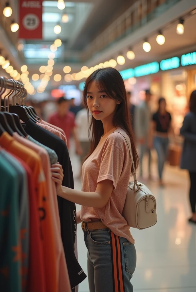 Stylish girl 16 old, behing in a shopping mall, she is shopping for ...