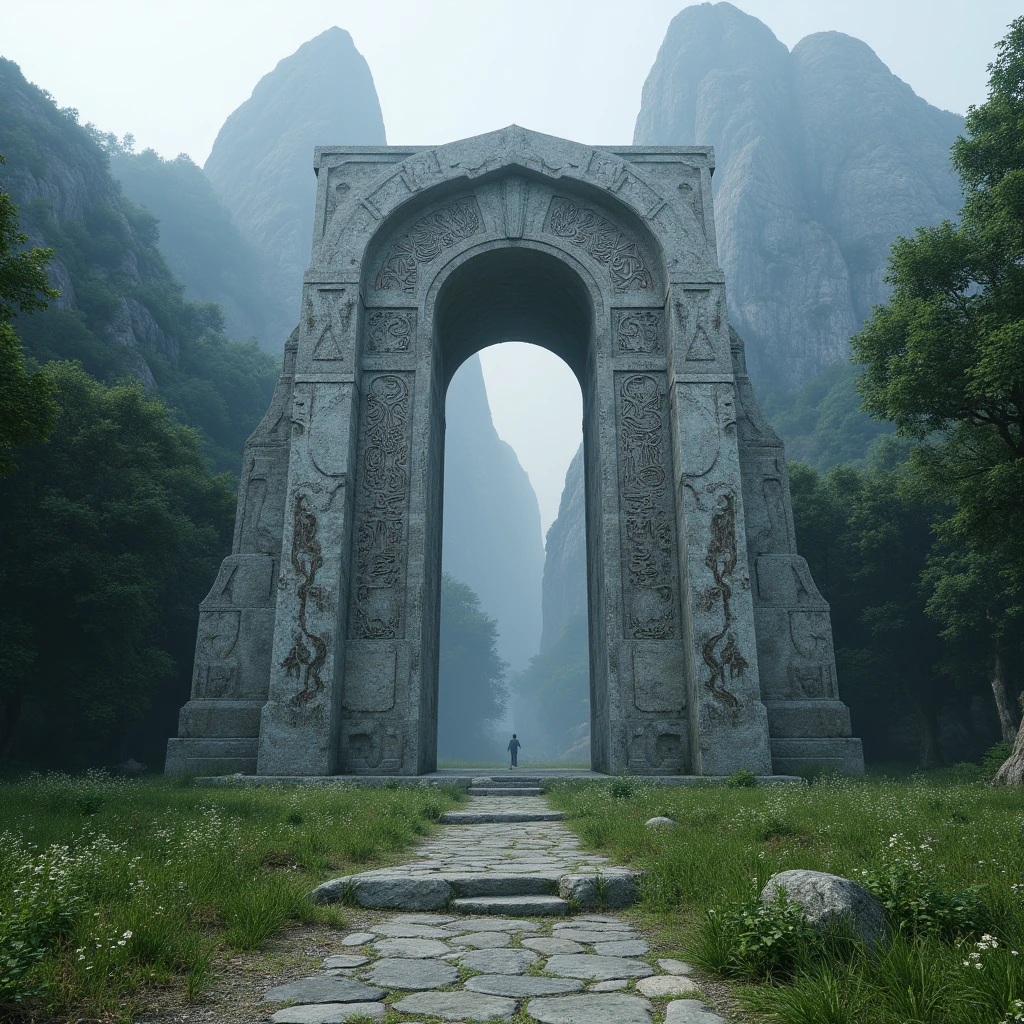 A huge mysterious stone gate stands among the mountains, engraved with ...