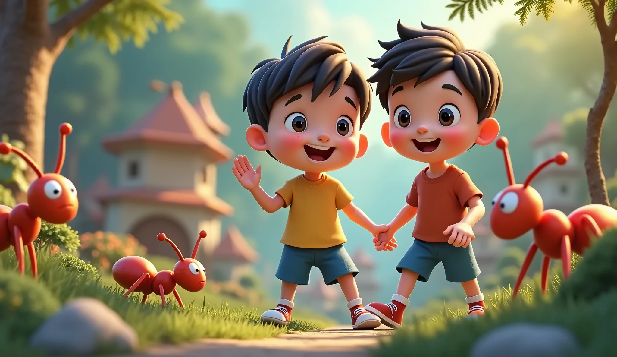 Cartoon children standing in a field with antelope and a house - SeaArt AI