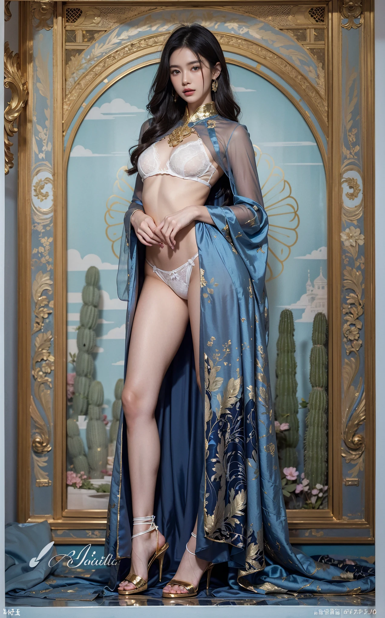 Beautiful Asian Woman, white and blue lace lingerie set, blue silk robe with gui - SeaArt AI