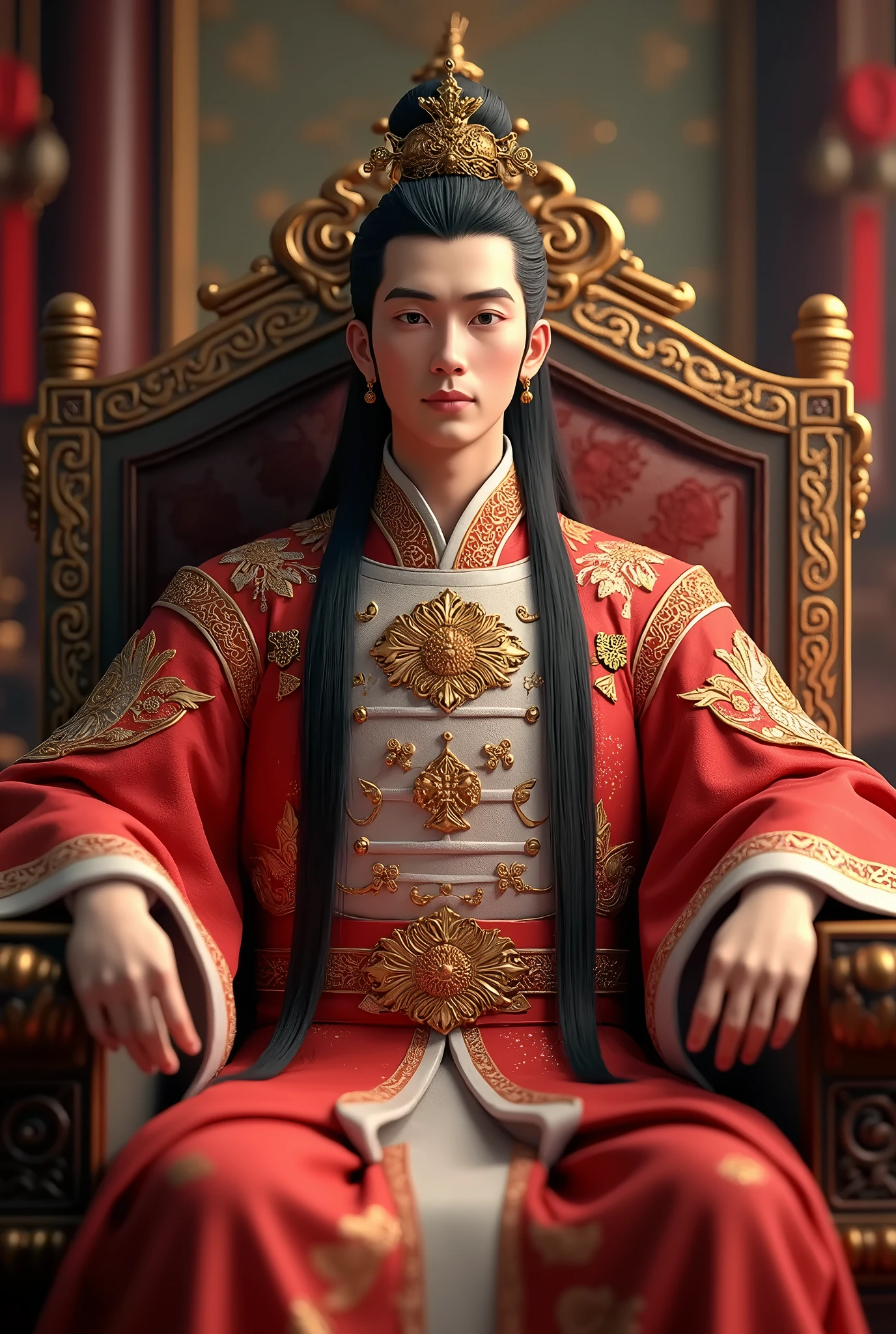 Arafed image of a man in a red and gold outfit sitting on a throne ...