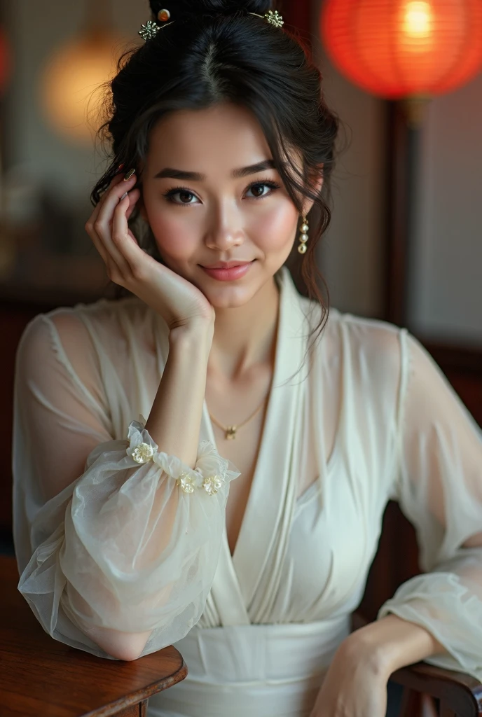 Girl sitting on a chair with her legs crossed in a traditional white ...