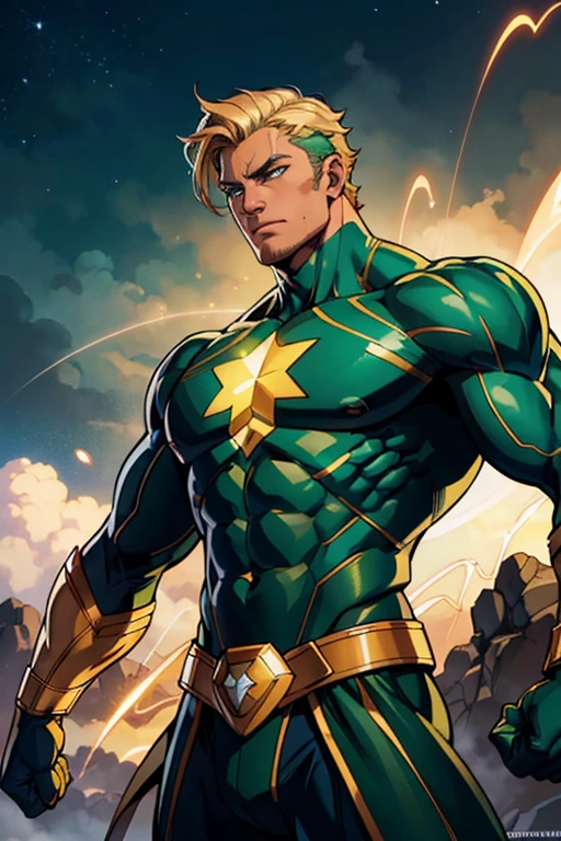 Cinematic, 1 muscular male superhero with blonde hair, detailed face ...