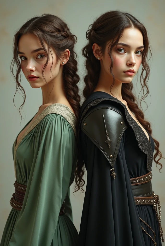 Create two realistic twin sisters one of them has wavy hair and a braid ...