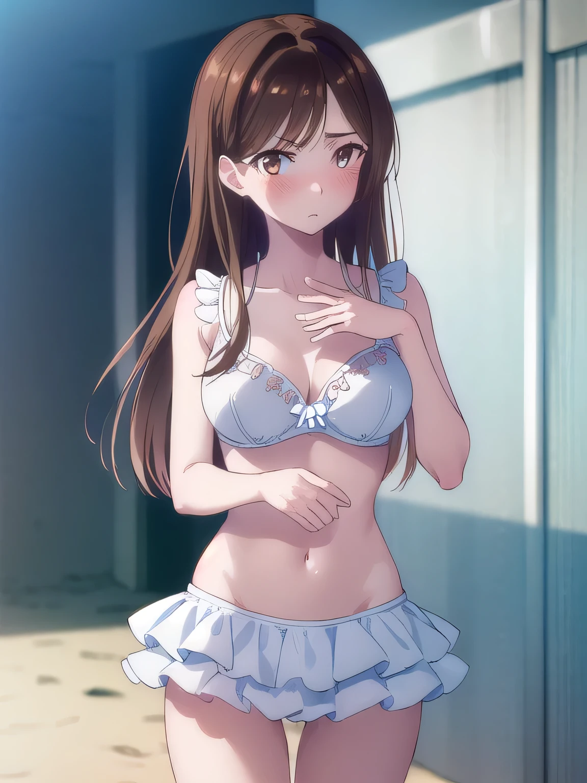 A woman in a blue bikini top and skirt standing in a hallway - SeaArt AI