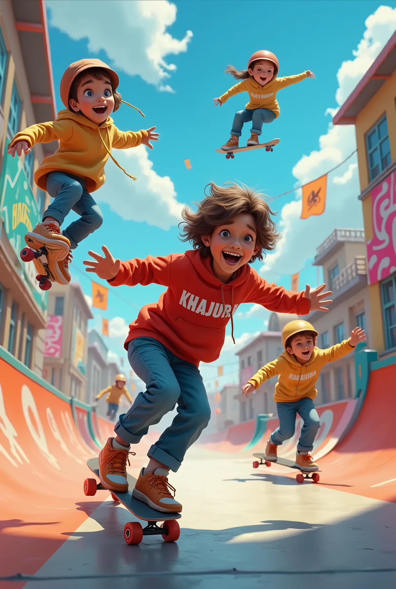 There are three children riding skateboards on a ramp in a skate park ...