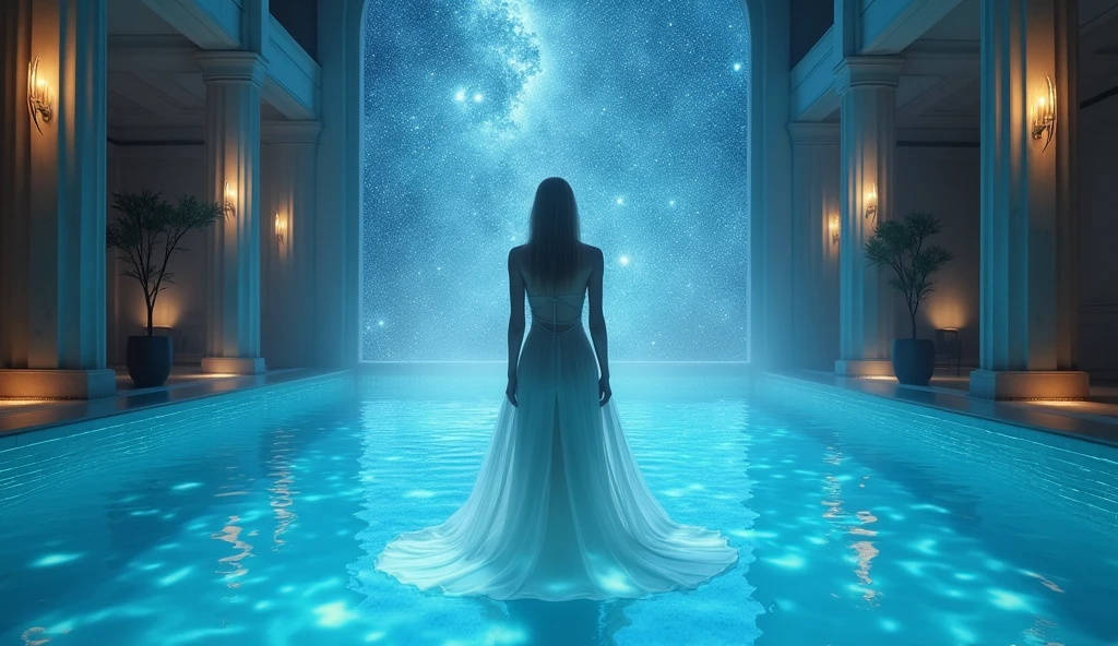 The whole place is filled with blue light, Girl in a long white dress ...