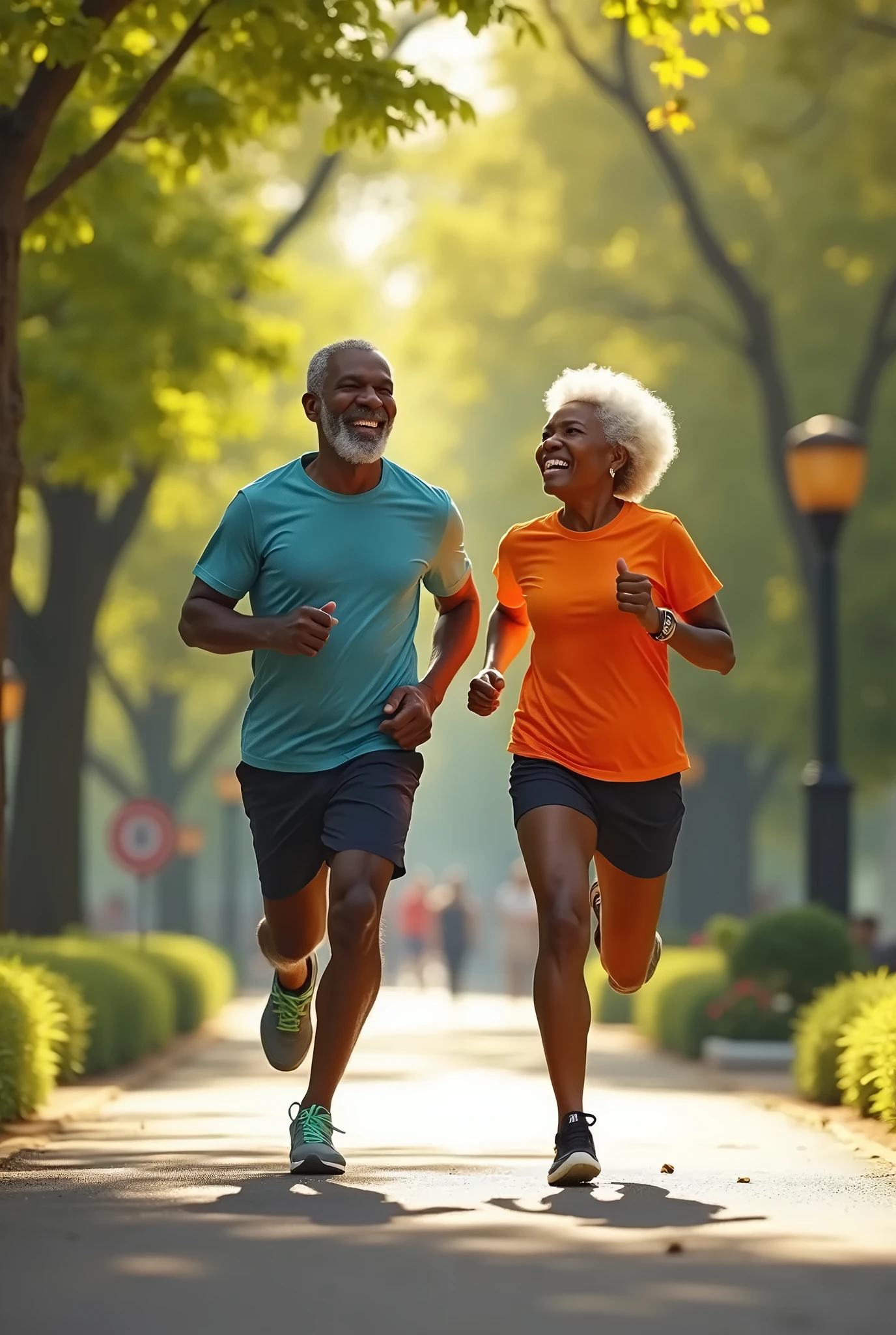 There are two people running together in the park on a sunny day ...