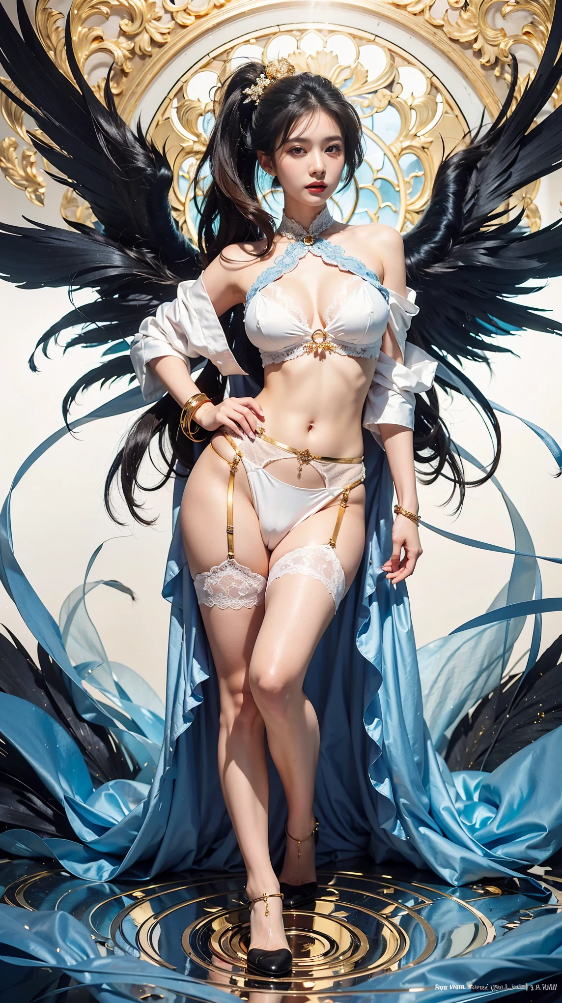 A woman in lingersuit and wings posing on a stage - SeaArt AI