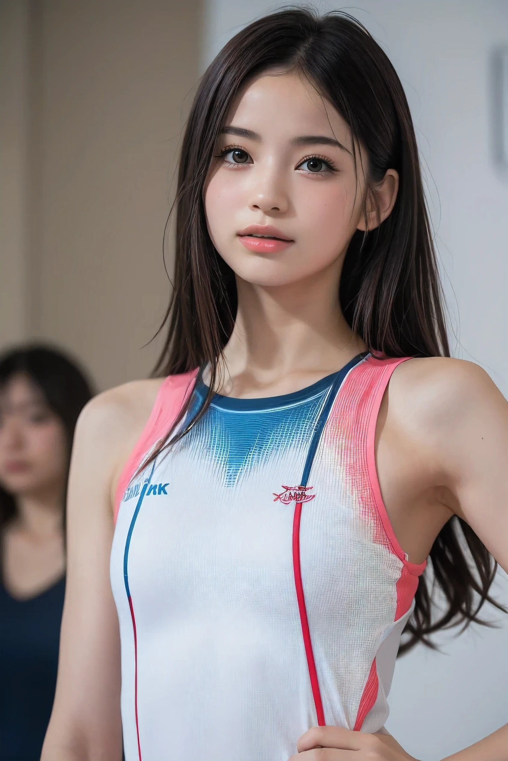 A woman in a white top and blue shorts posing for a picture - SeaArt AI