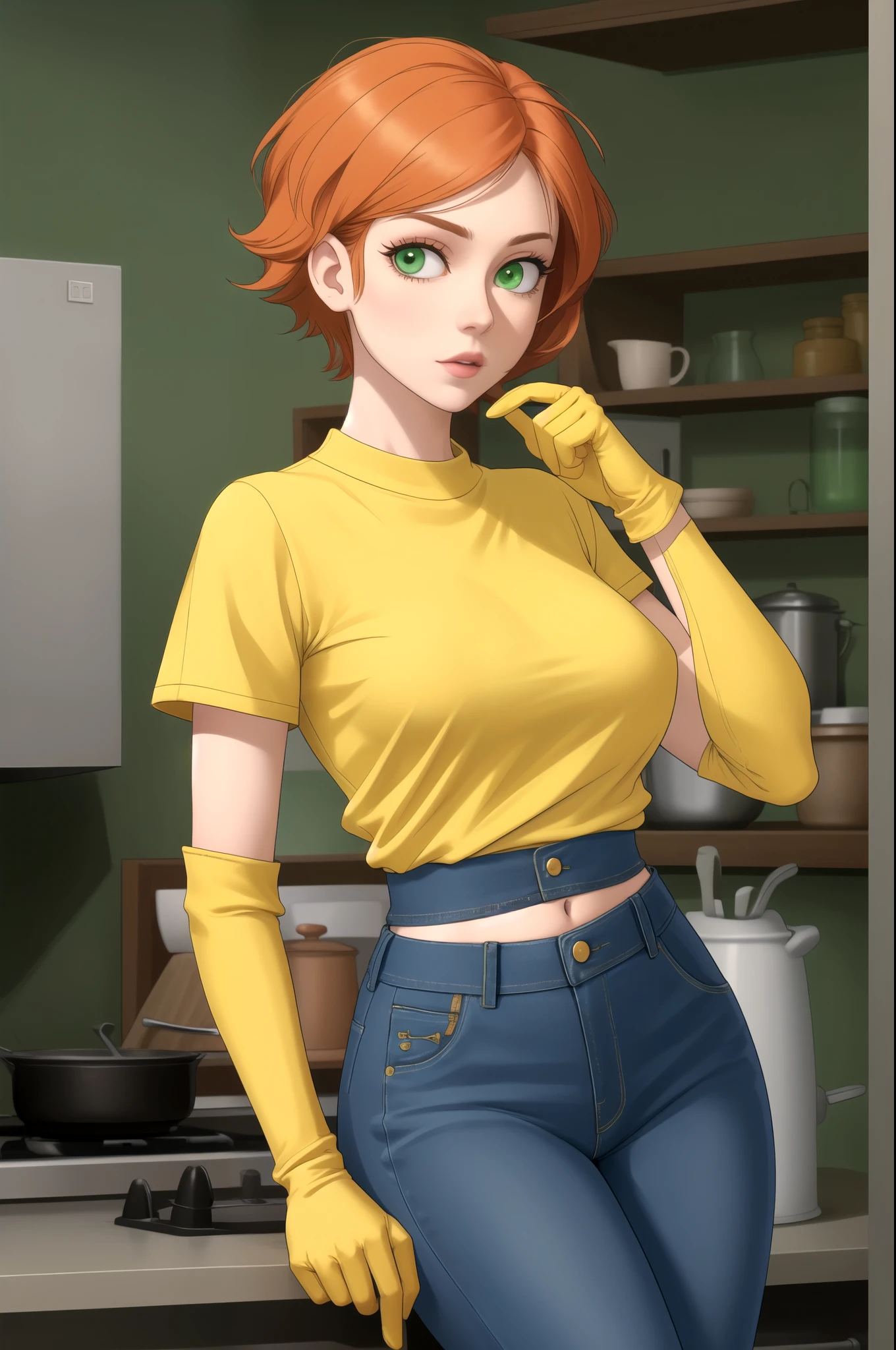 A Woman In A Yellow Shirt And Blue Jeans Posing For A Picture Seaart Ai
