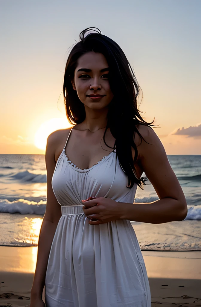 Arafed woman in white dress standing on beach at sunset - SeaArt AI