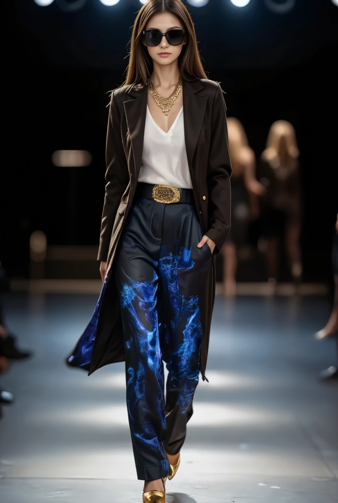 A woman walking down a runway wearing a long coat and pants - SeaArt AI