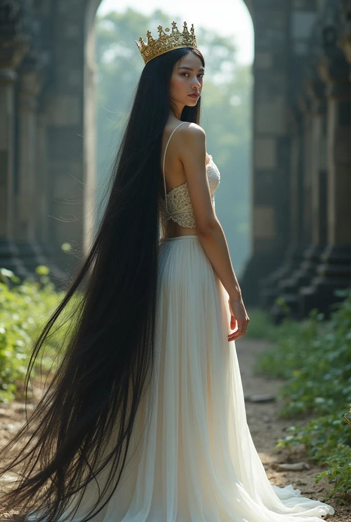 Thai girl with very long, straight hair, wearing a crown, wearing a very long wh - SeaArt AI